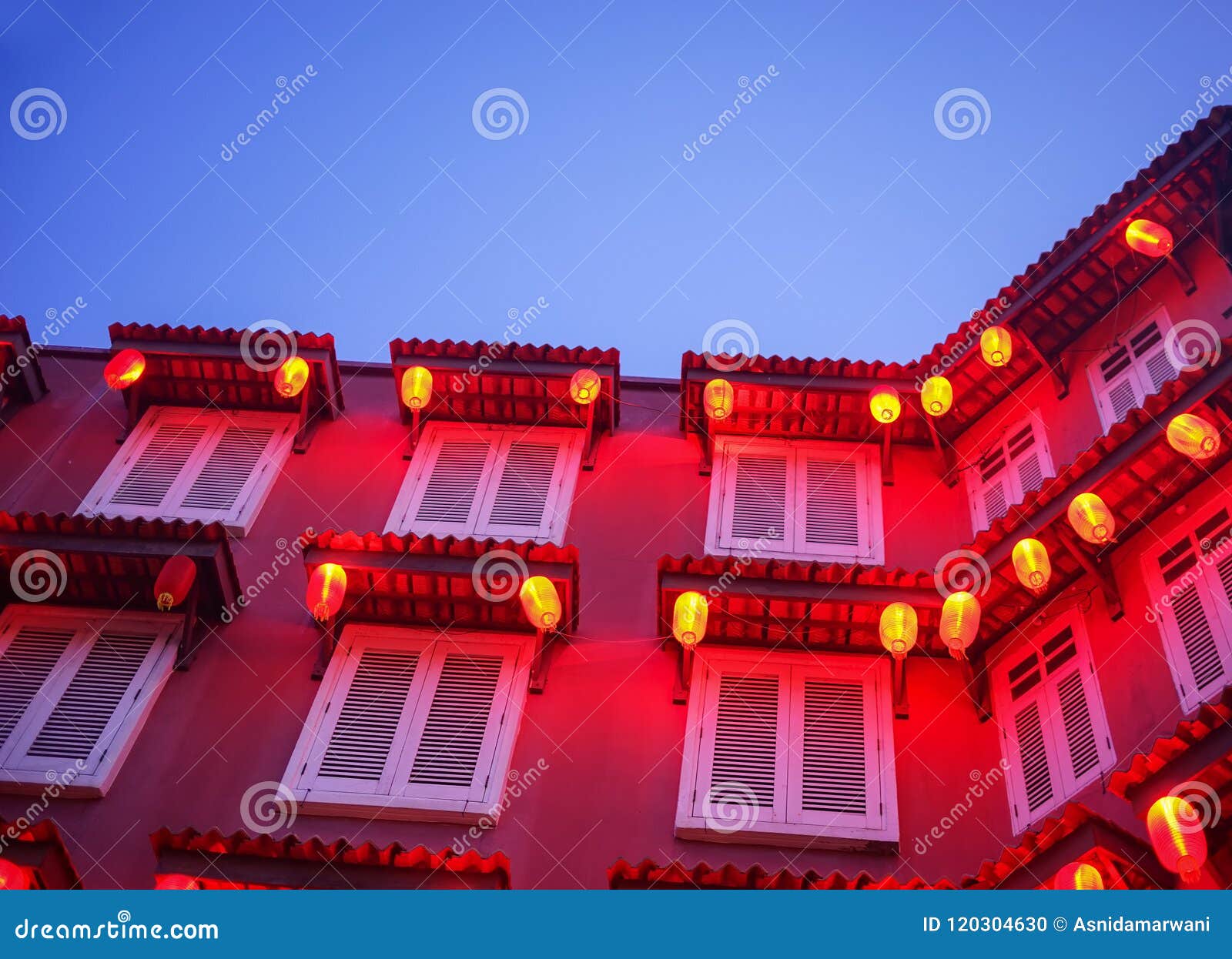 Red Building and Lantern during Blue Hour. Stock Photo - Image of ...