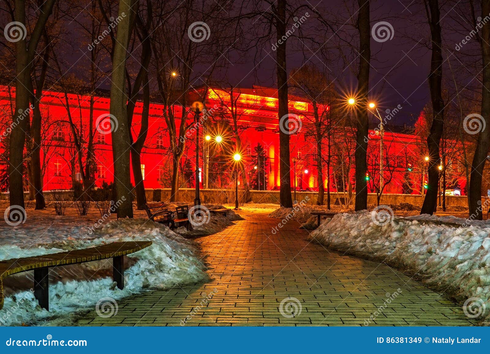 Red building with lights stock image. Image of bridge - 86381349