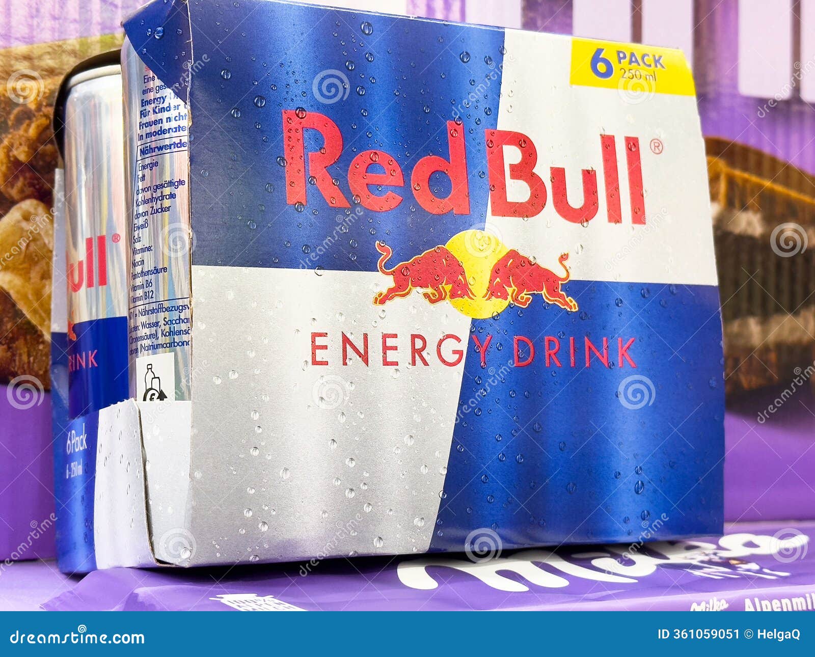 Red Bull Energy Drink 6-pack with Water Droplets on Blue and Silver ...