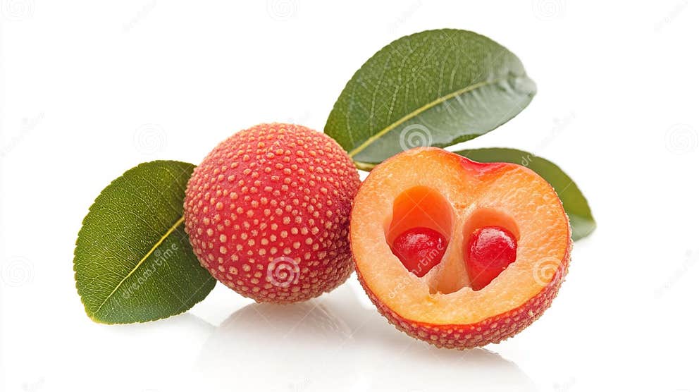Red Bumpy Fruit with Leaves on White Background Generative AI Stock ...