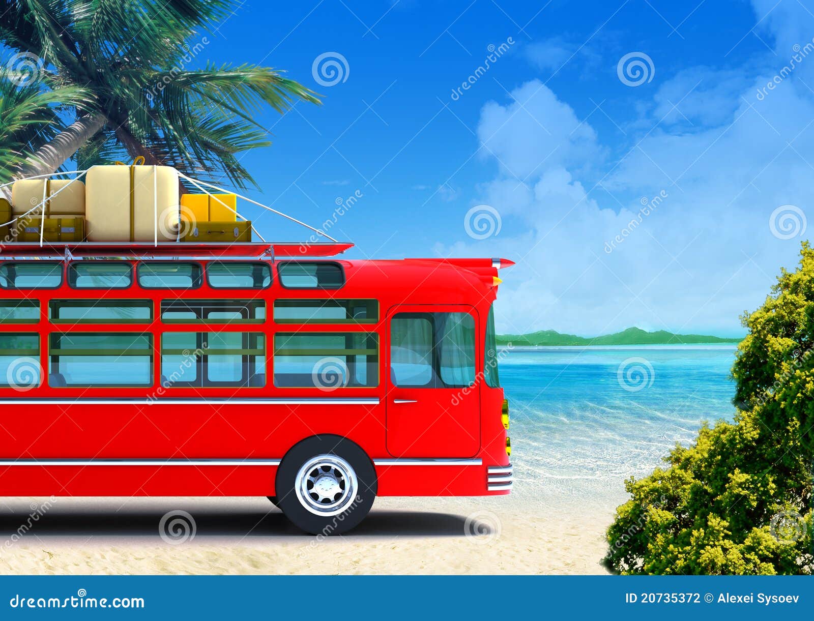 Red bus adventure on beach stock illustration. Illustration of side ...