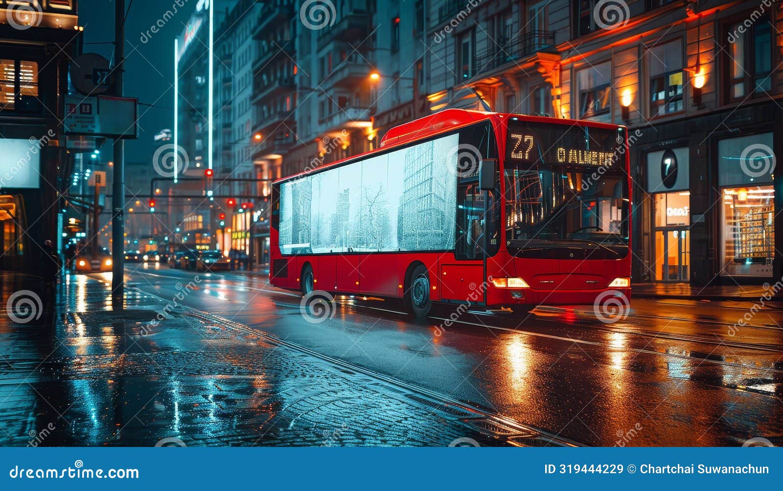 A Red Bus is Driving Down a Wet Street at Night by AI Generated Image ...