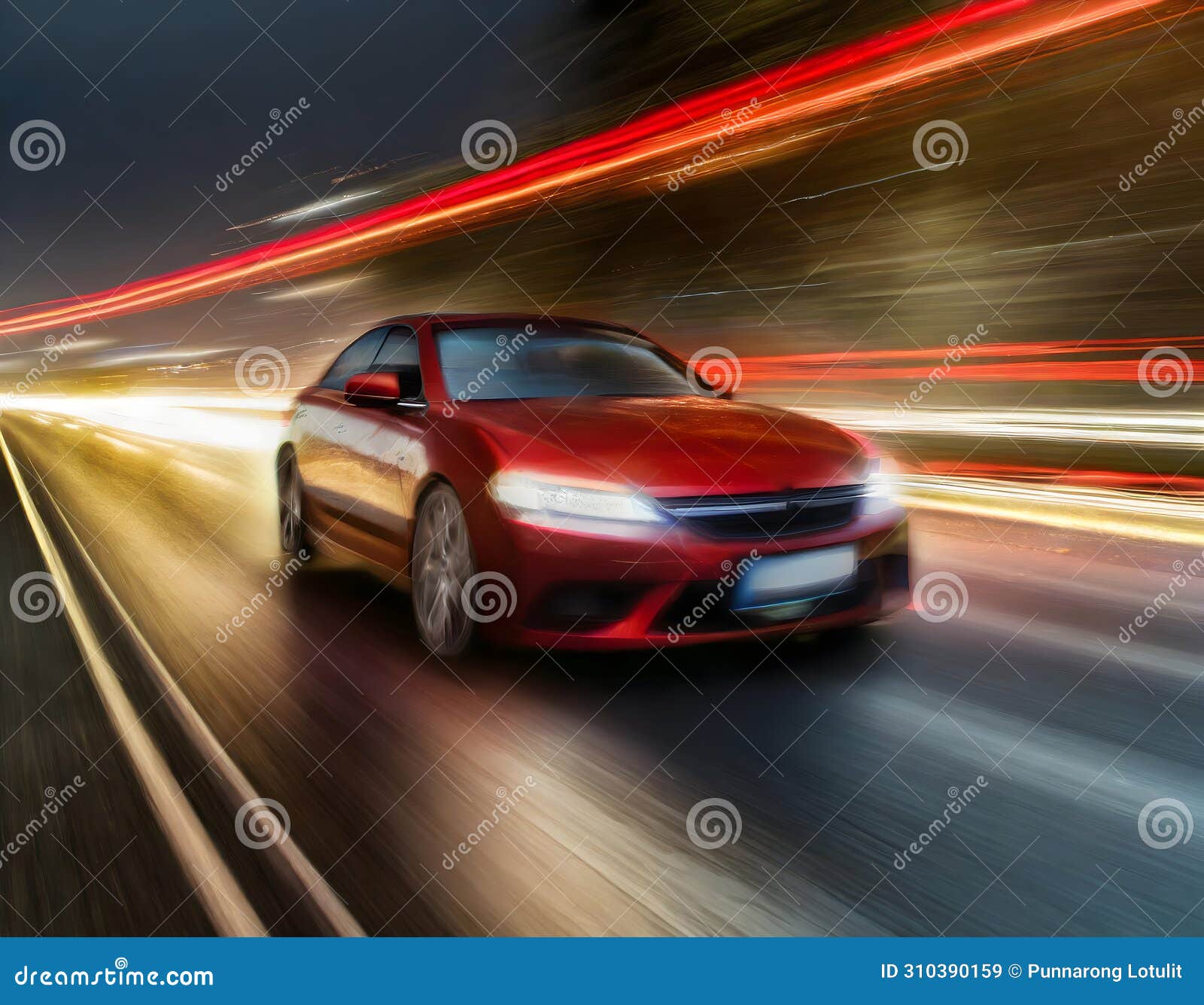Red Business Car on High Speed in Turn and High-speed Highway with ...