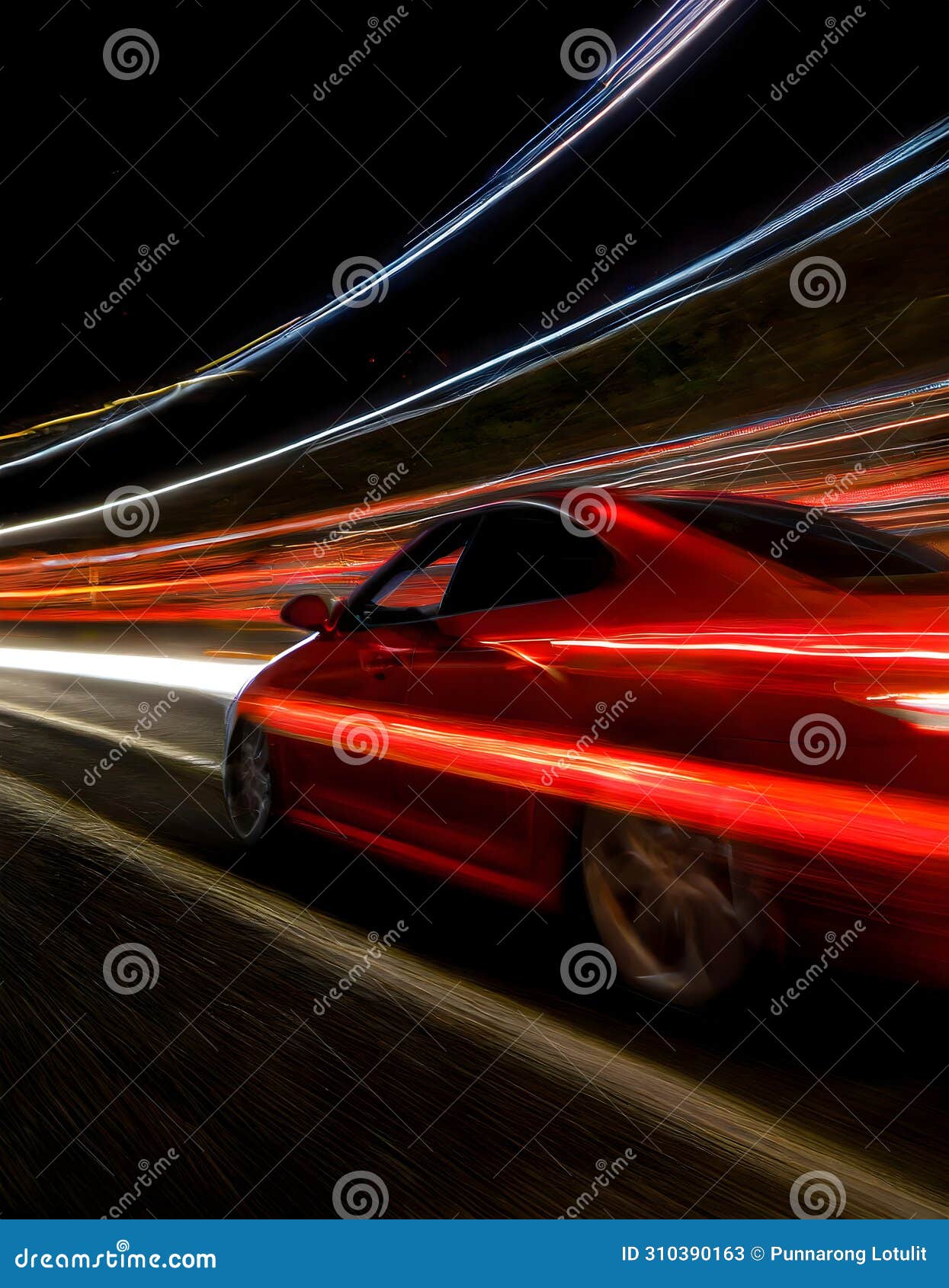 Red Business Car on High Speed in Turn and High-speed Highway with ...