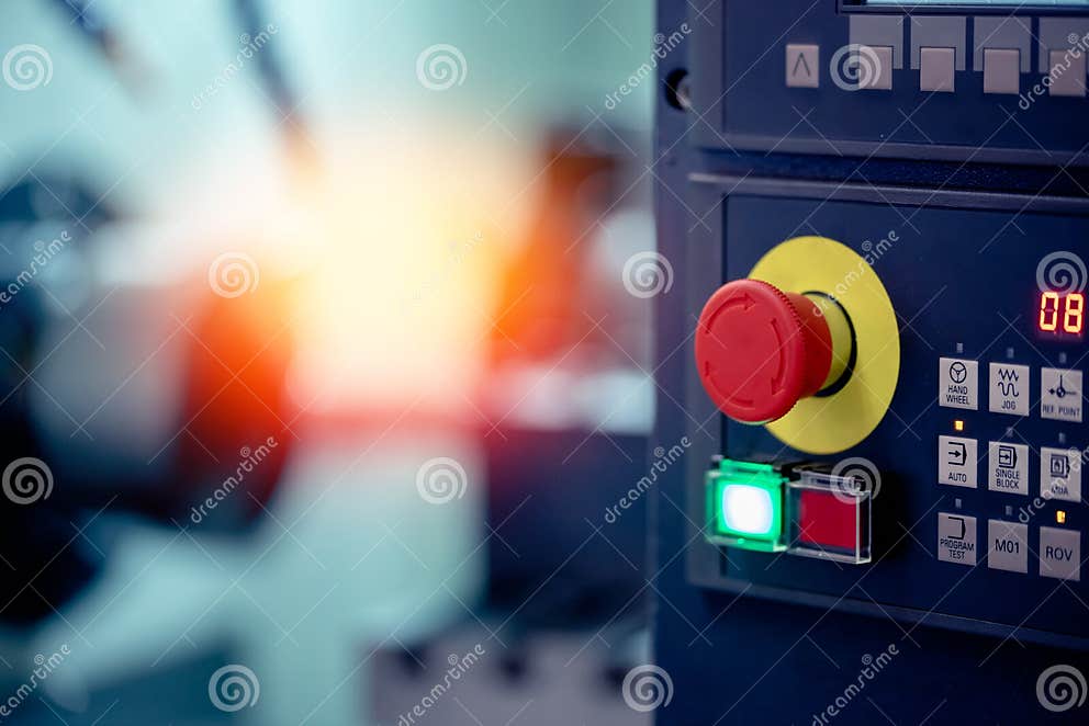 Red Button of Control Panel CNC Alarm on Automatic Metal Processing ...