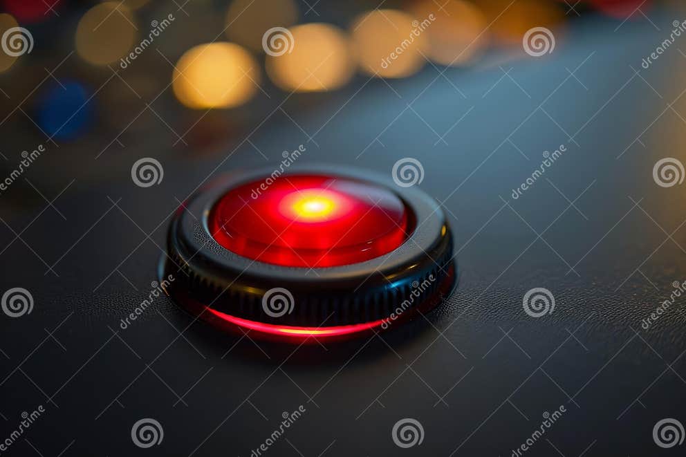 Red Button Glowing on a Control Panel with Lights in the Background ...
