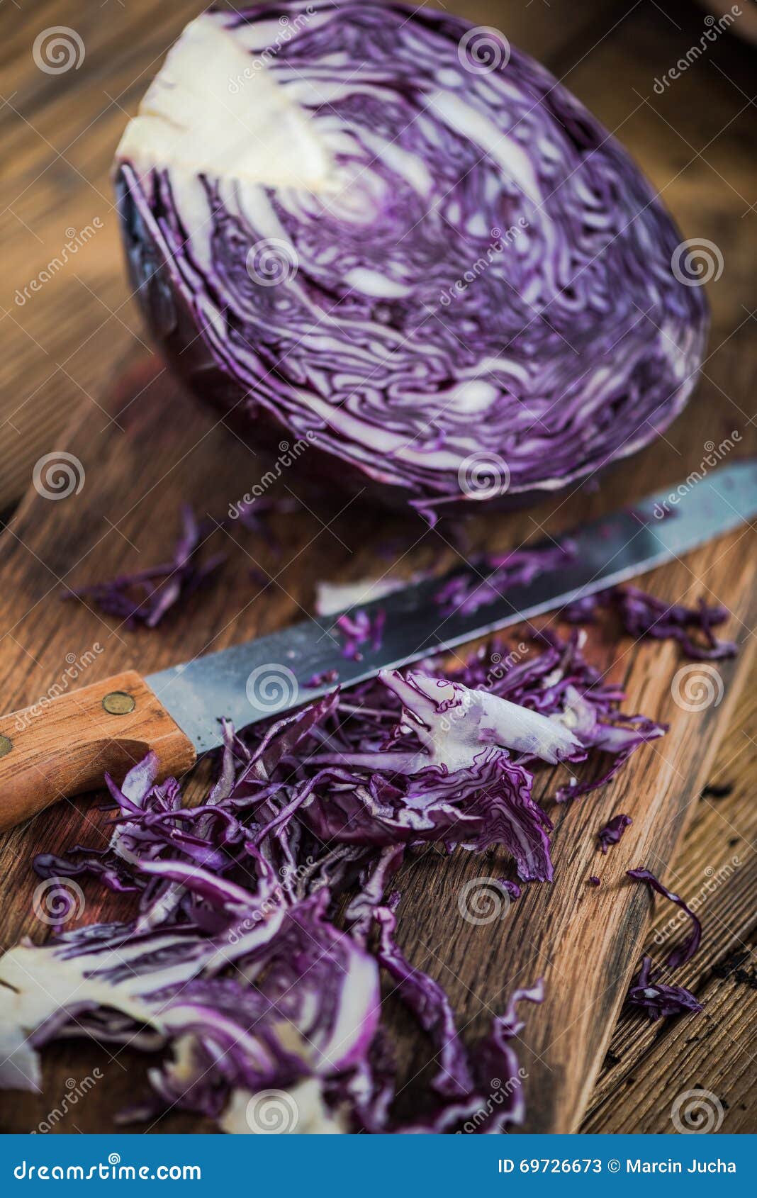 Red Cabbage Sliced on Farmhouse Table. Stock Image - Image of salad ...