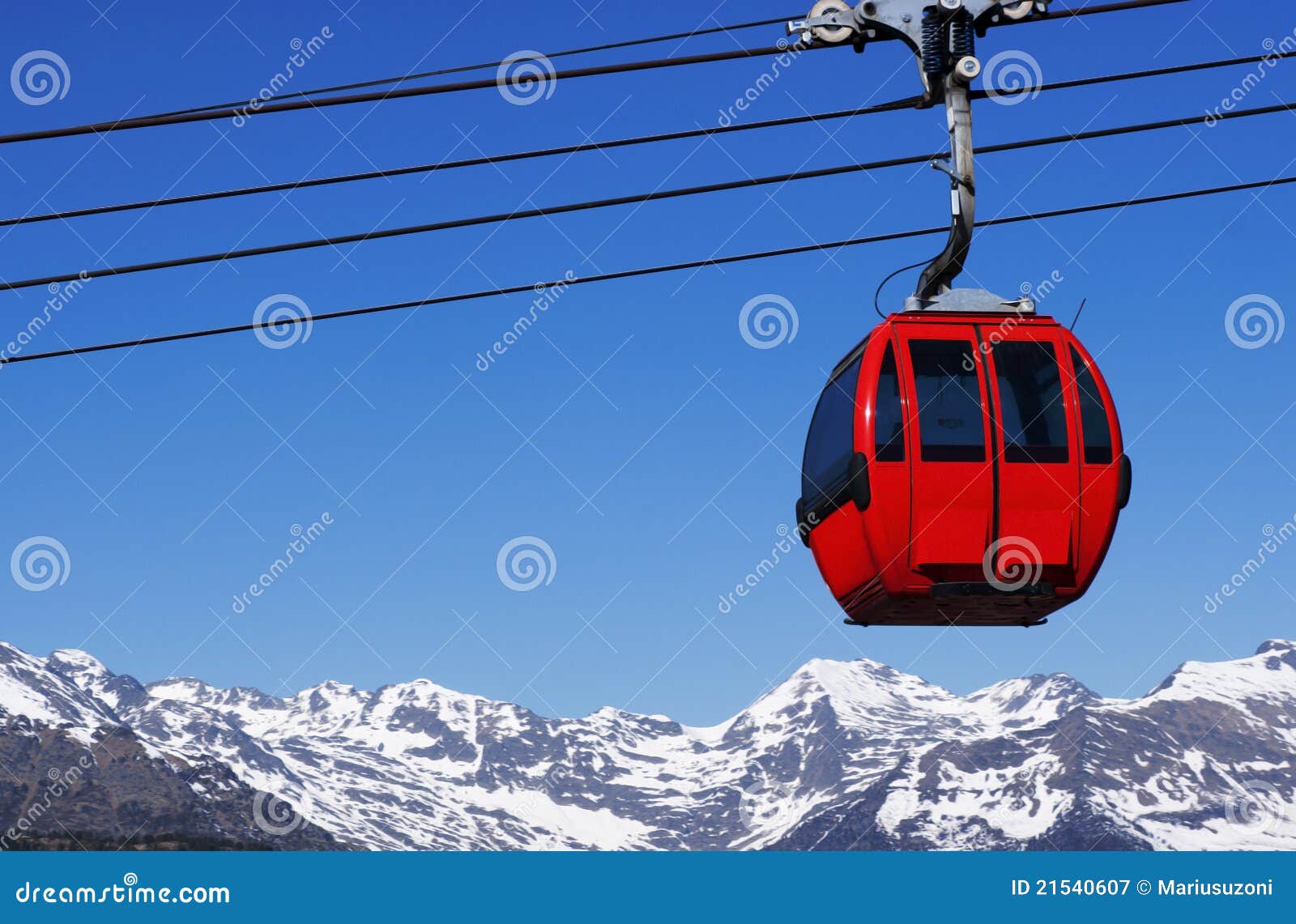 Red Cable Car and Snowed Mountain Peaks Stock Image - Image of sunny ...