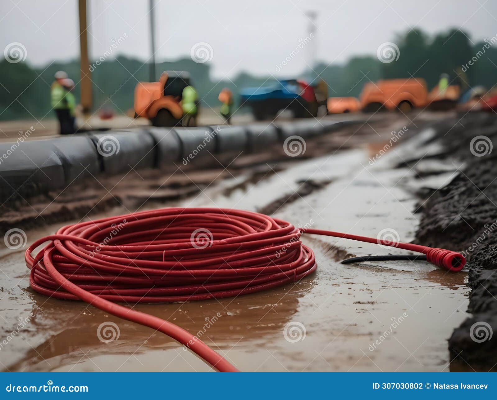 Red Cable at a Construction Site during a Rain Stock Illustration ...
