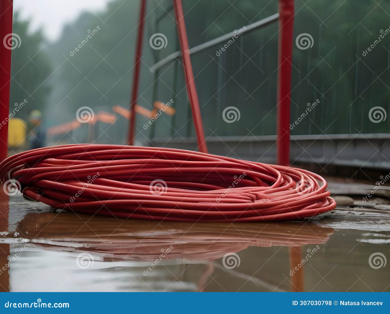Red Cable at a Construction Site during a Rain Stock Illustration ...