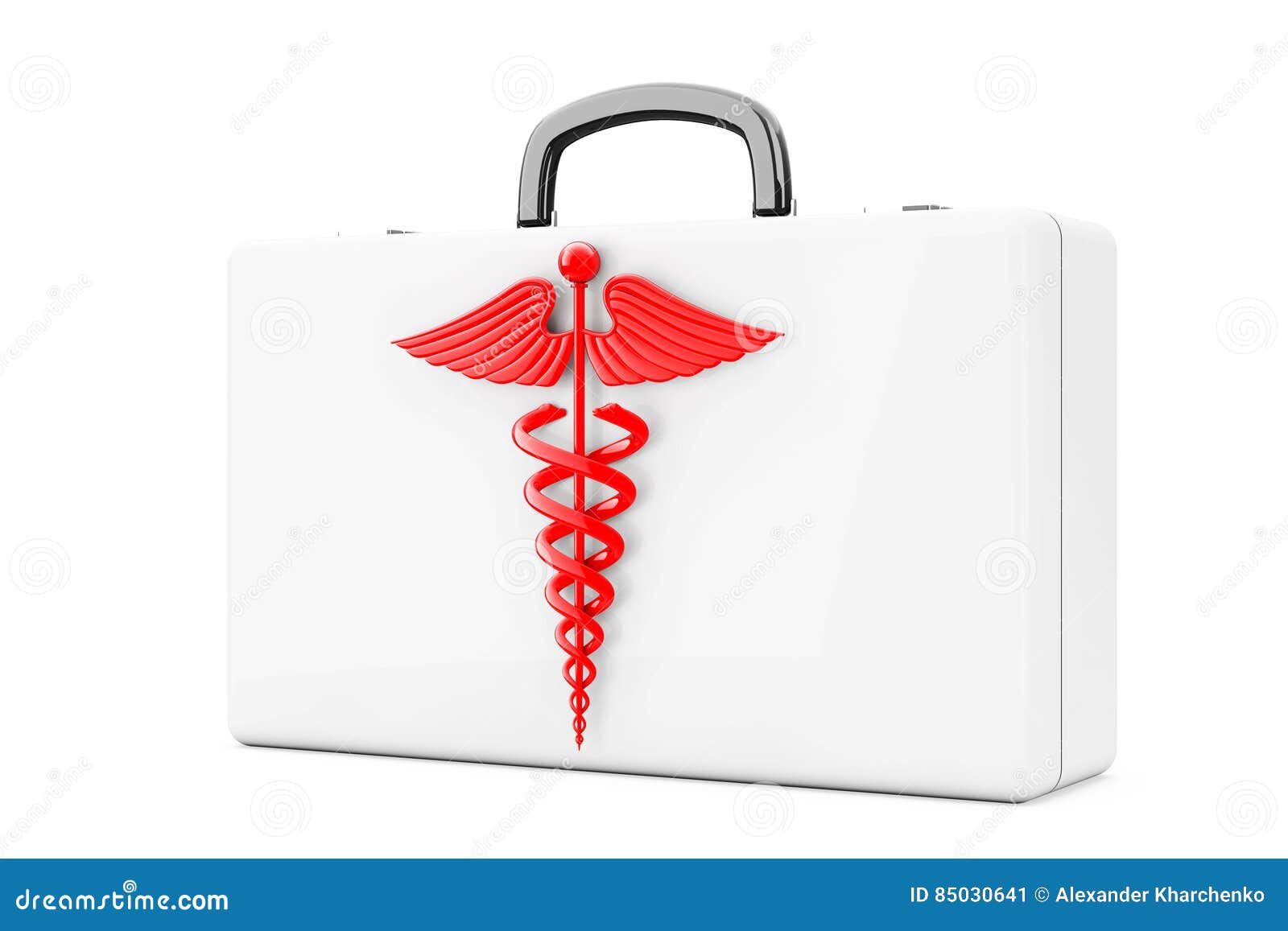 Red Caduceus Symbol in Front of First Aid Kit Case. 3d Rendering Stock ...