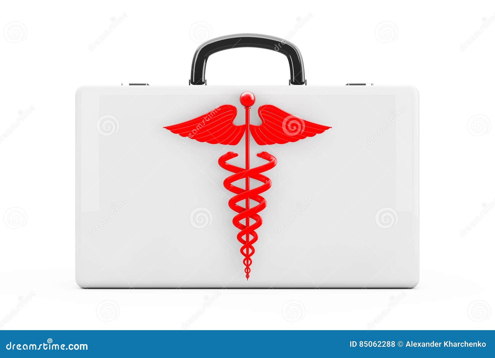 Red Caduceus Symbol in Front of First Aid Kit Case. 3d Rendering Stock ...
