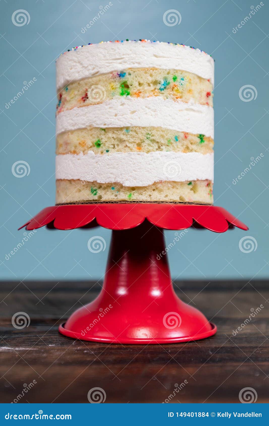Red Cake Stand and Funfetti Cake on Blue Background Stock Photo - Image ...