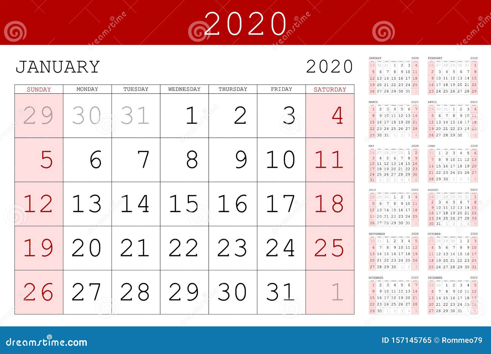 Red Calendar 2020 Vector Basic Grid. Simple Design Template Stock ...