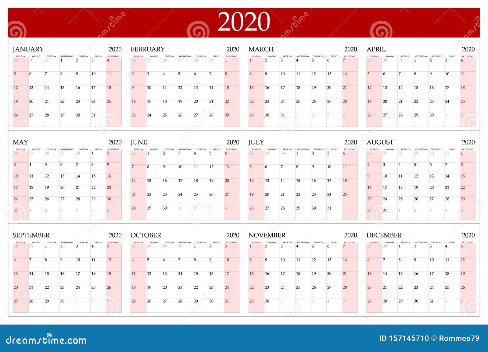 Red Calendar 2020 Vector Basic Grid. Simple Design Template Stock ...