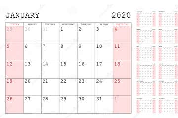 Red Calendar 2020 Vector Basic Grid. Simple Design Template Stock ...