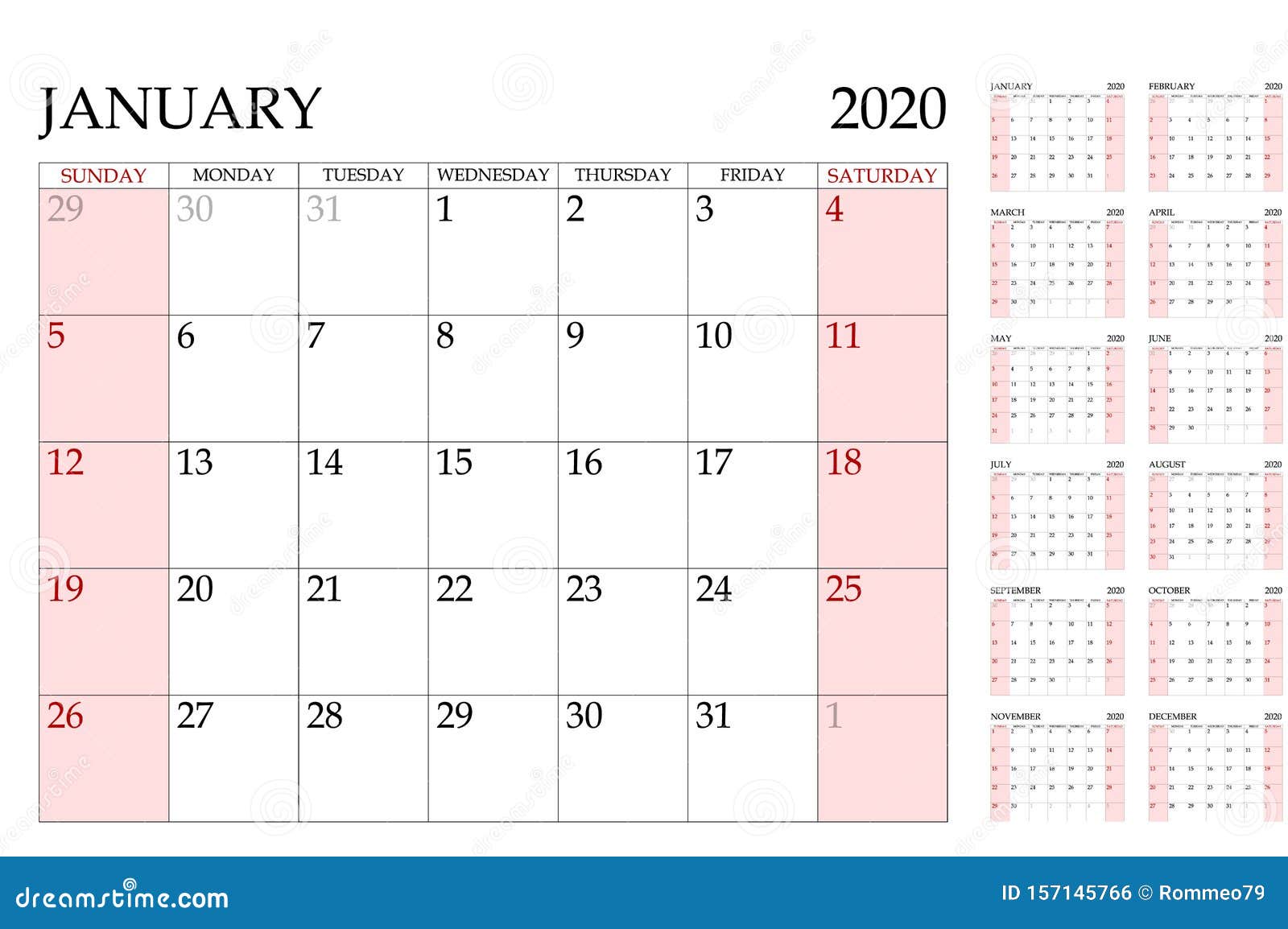 Red Calendar 2020 Vector Basic Grid. Simple Design Template Stock ...
