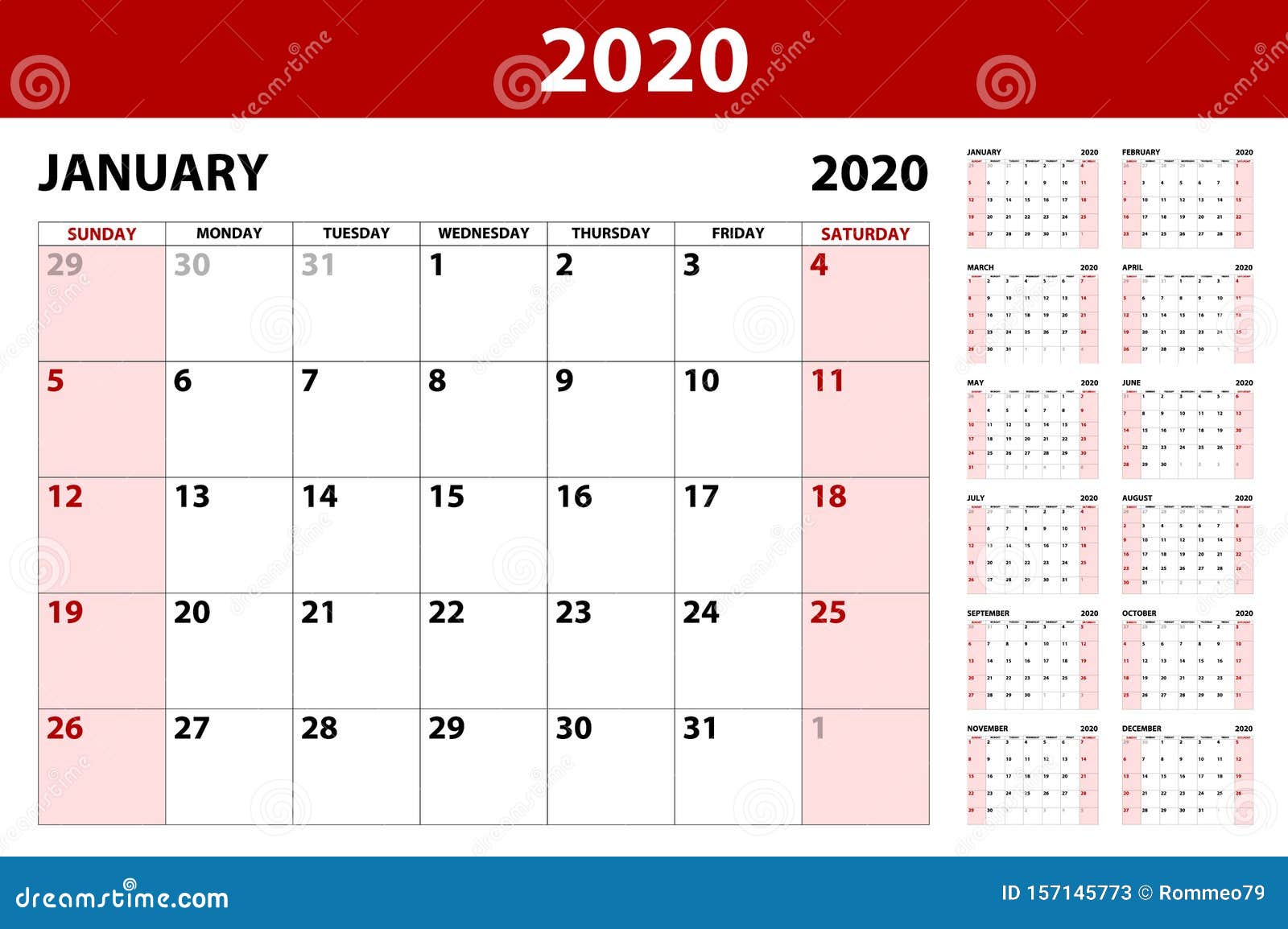 Red Calendar 2020 Vector Basic Grid. Simple Design Template Stock ...