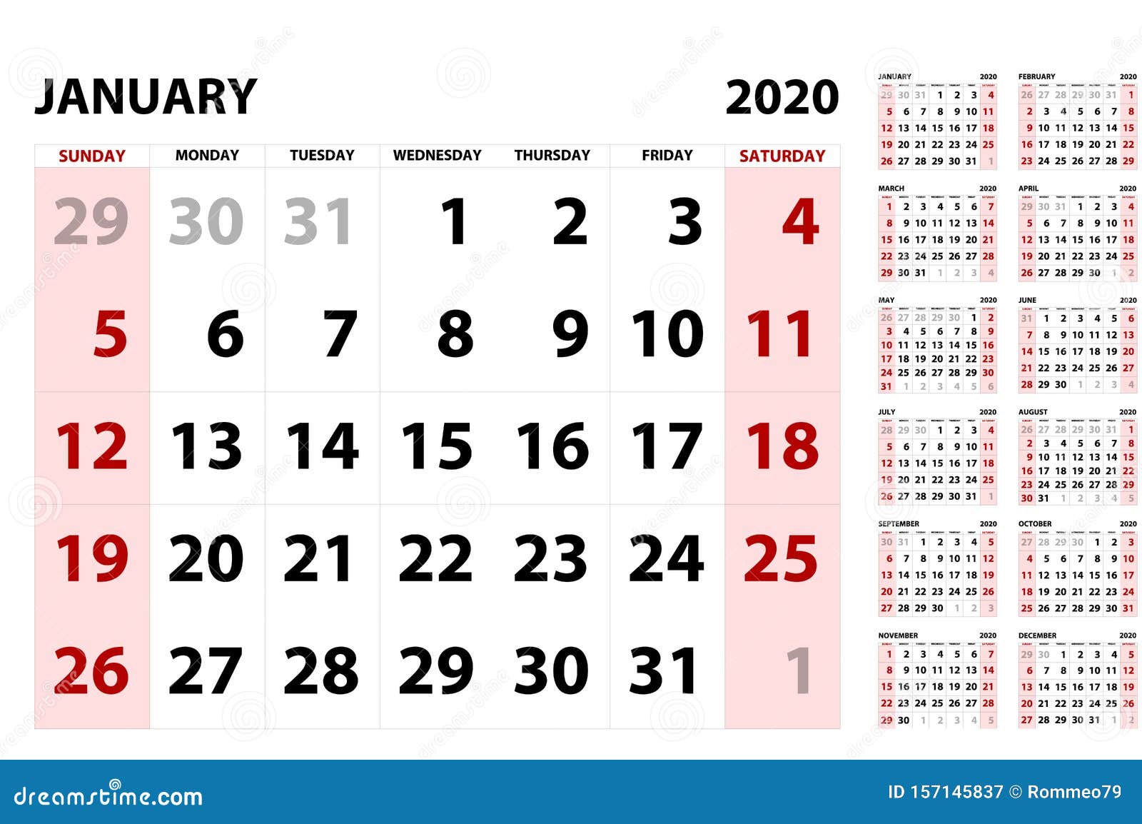 Red Calendar 2020 Vector Basic Grid. Simple Design Template Stock ...