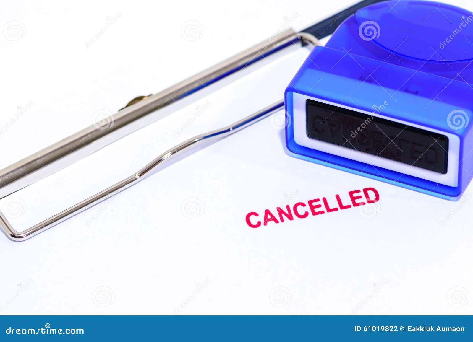 Red Cancelled Stamp on White Paper with Rubber Stamper and Clipboard ...