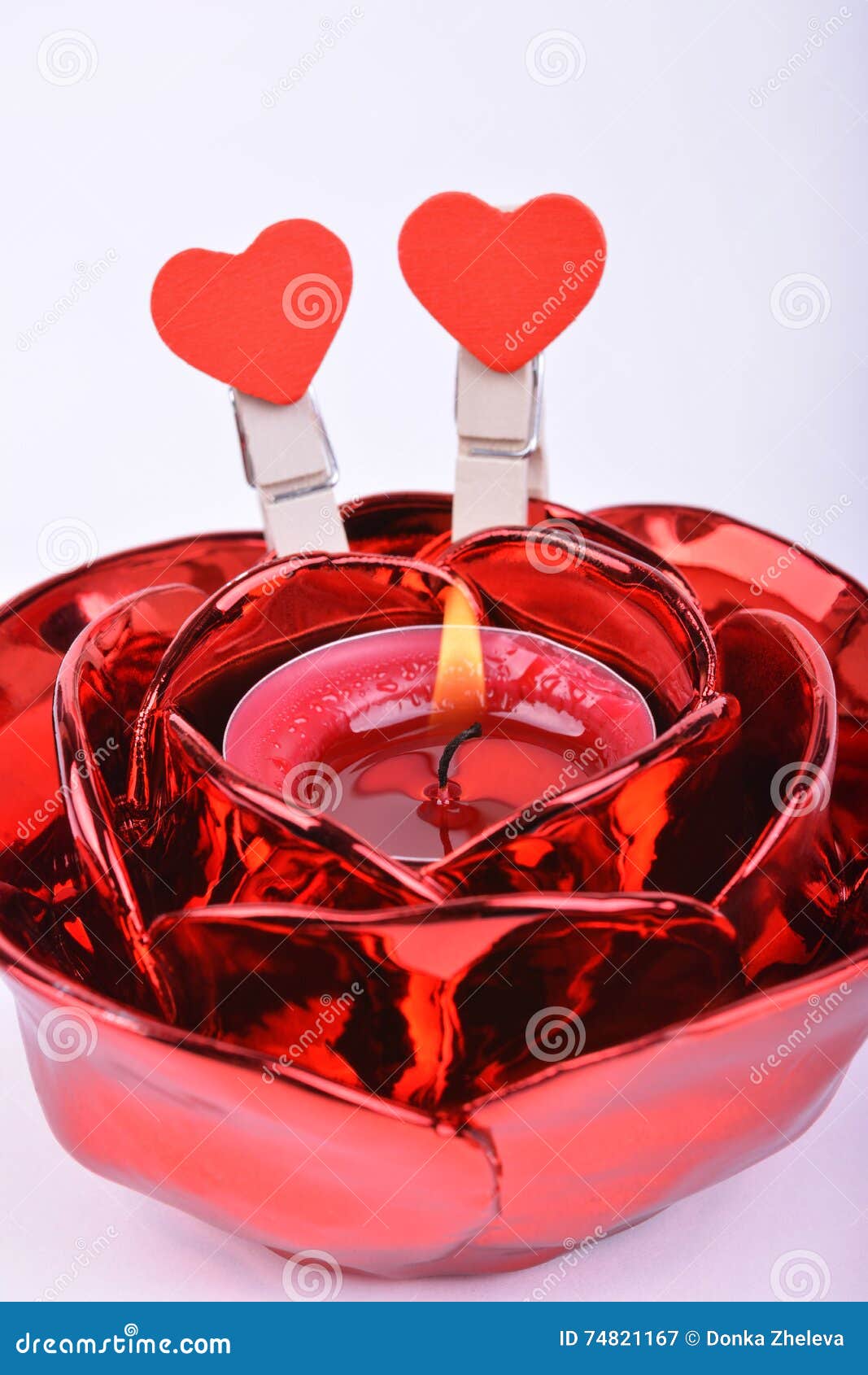 Red Candle In Candlestick And Red Hearts On White Background Stock ...