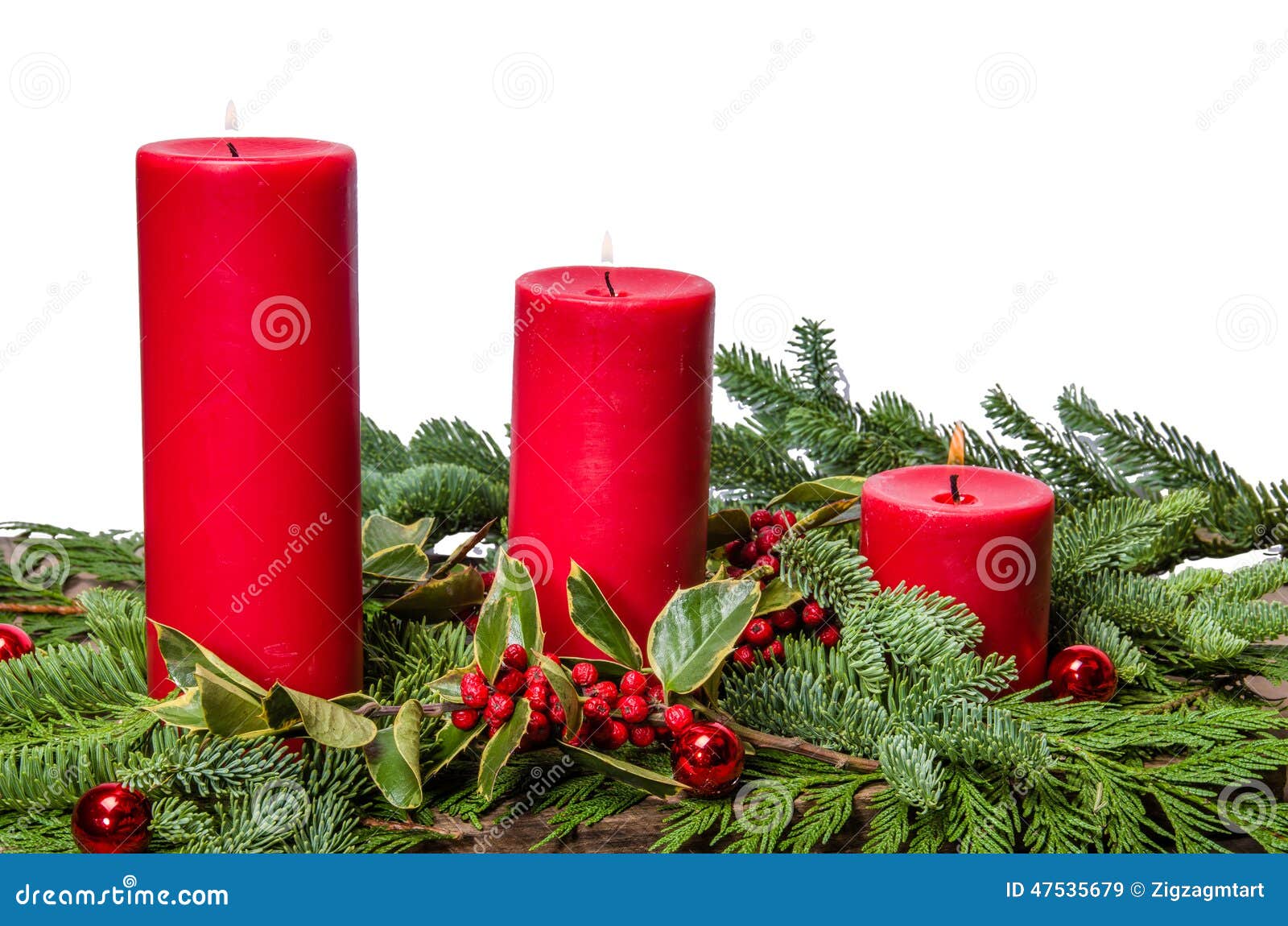 Red Candles with Cedar Boughs and Holly Stock Image - Image of candles ...