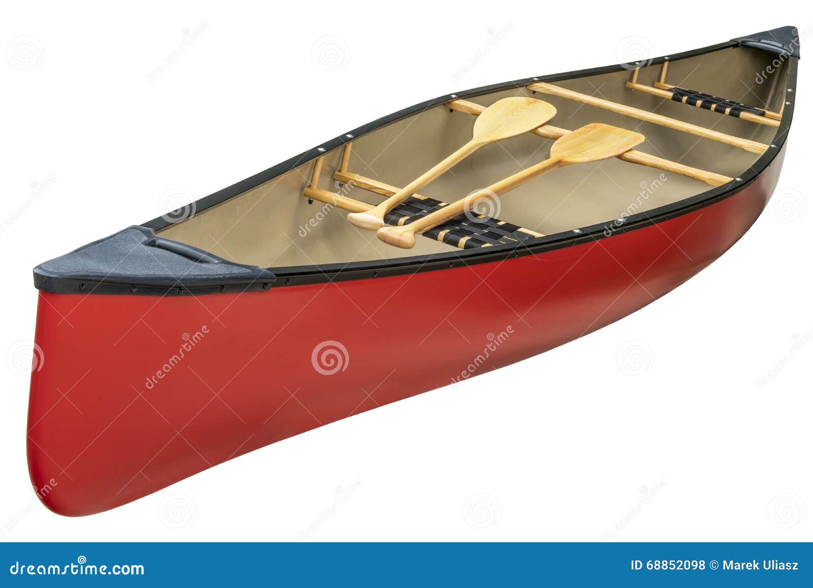 Red Canoe with Wooden Paddles Stock Photo - Image of seat, fiberglass ...