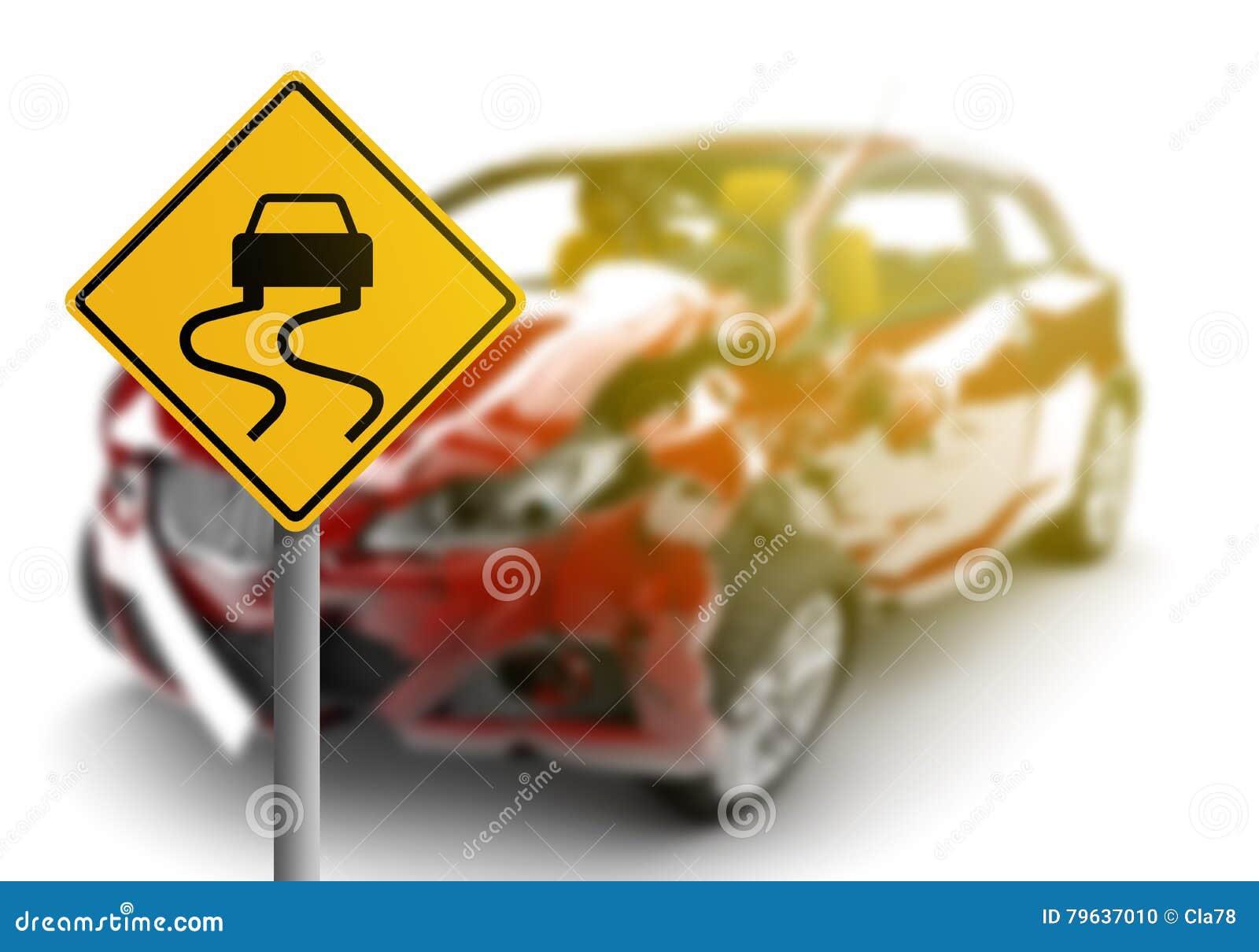 Red Car Accident with Danger Yellow Sign Stock Illustration ...