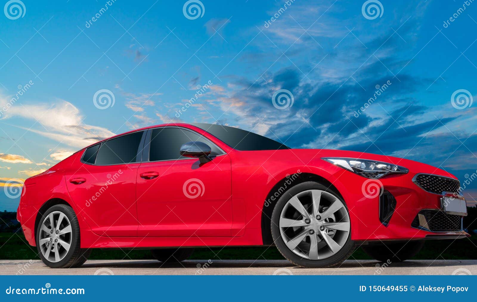 Red Car on Sunset Sky Background. Editorial Image - Image of drive ...