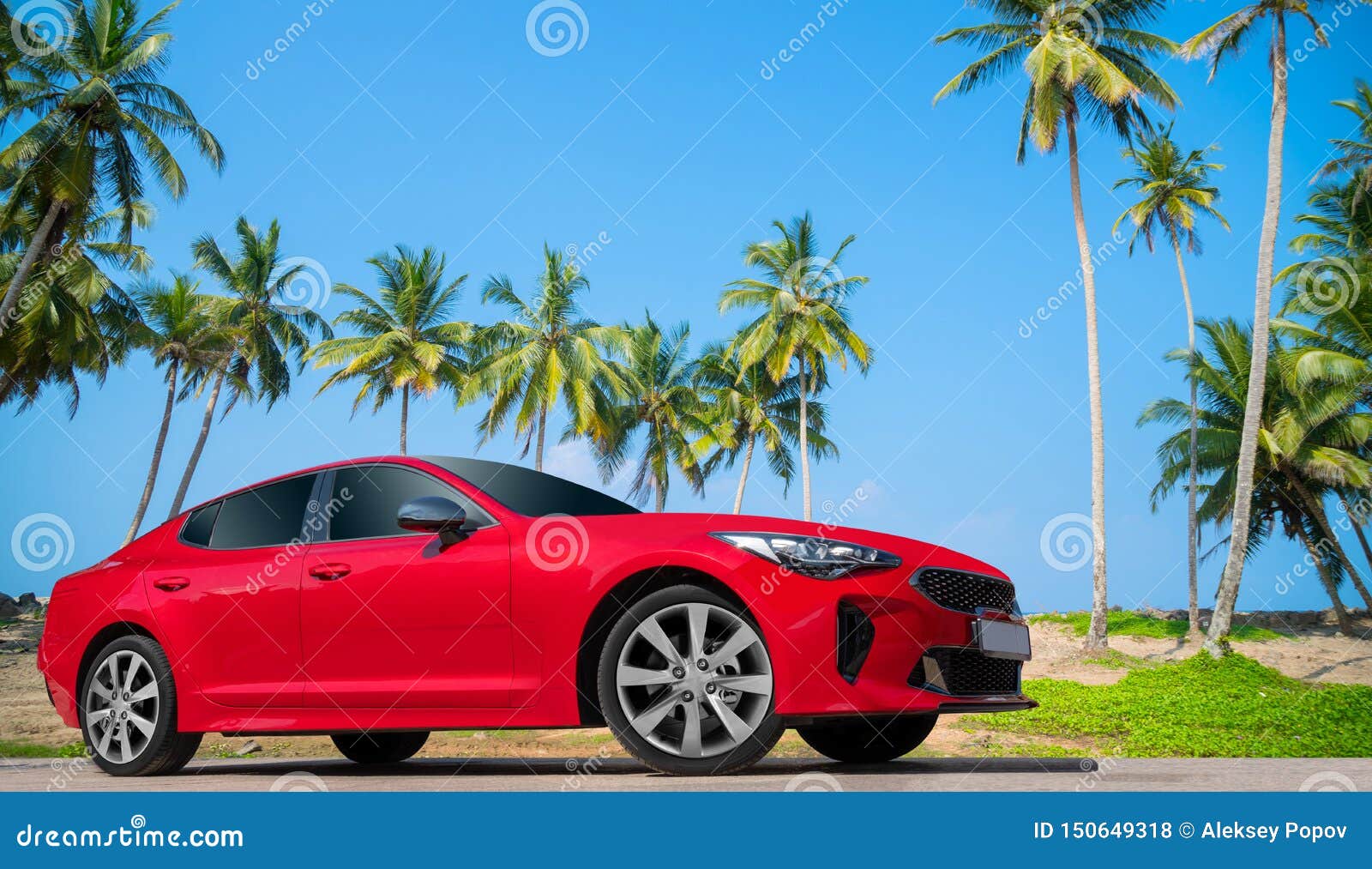 Red Car on the Beach and Palm Trees Background. Editorial Stock Photo ...