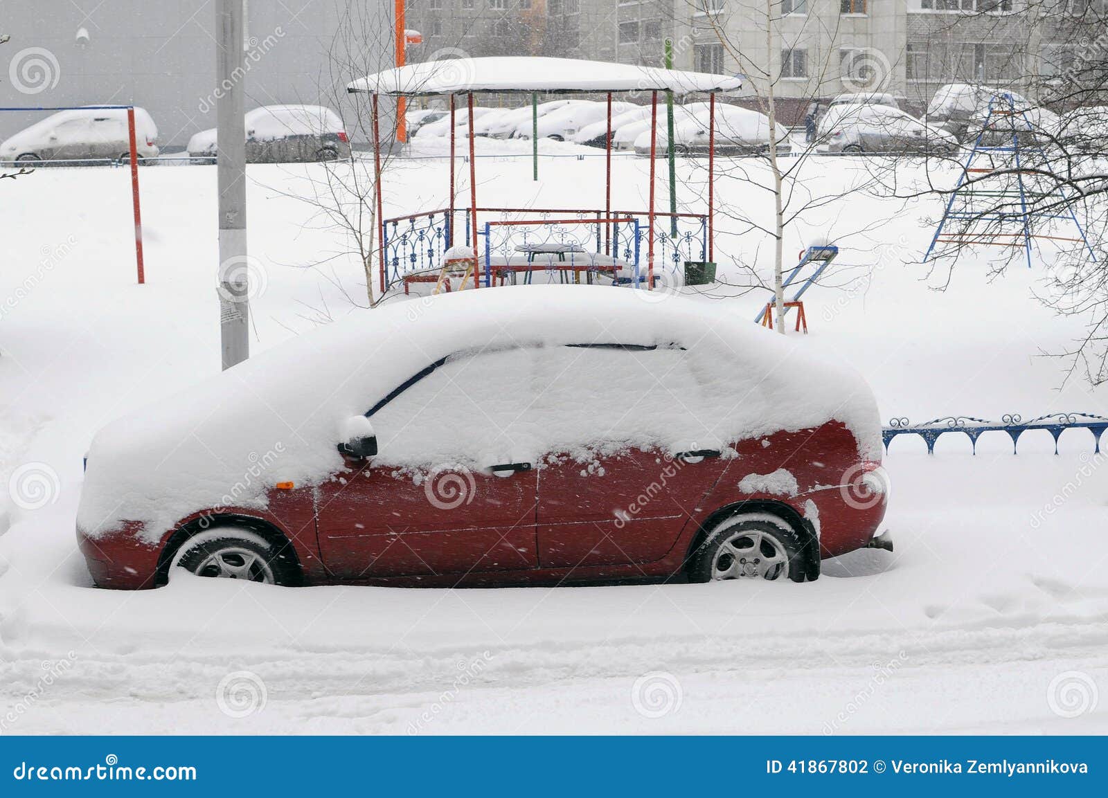 The Red Car, Brought by Snow is in the House Yard. Stock Photo - Image ...