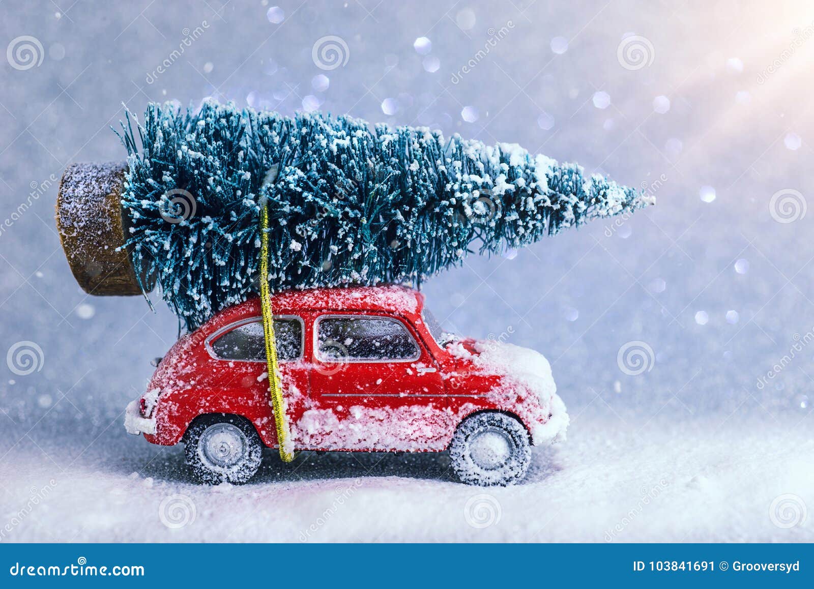 Red Car Carrying a Christmas Tree Stock Image - Image of festive ...