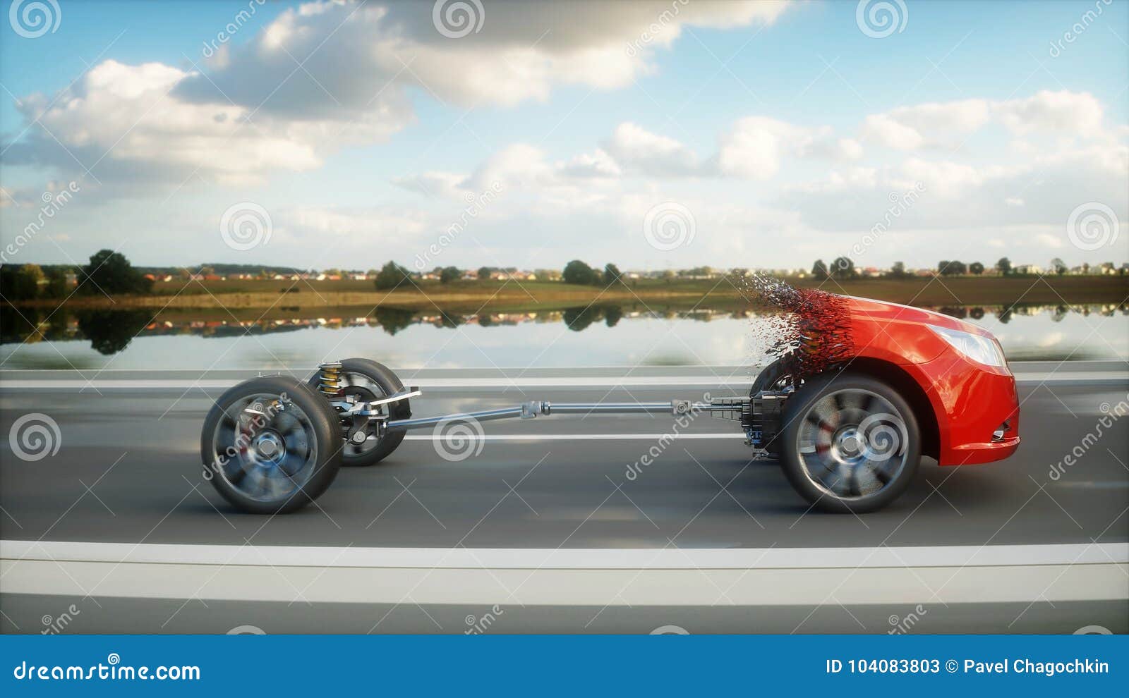 Red Car Chassis With Engine On Highway. Transition With Particles. Very ...