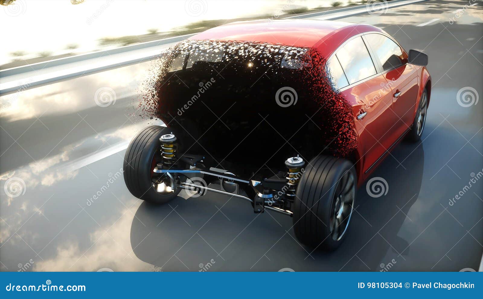 Red Car Chassis with Engine on Highway. Transition with Particles. Very ...