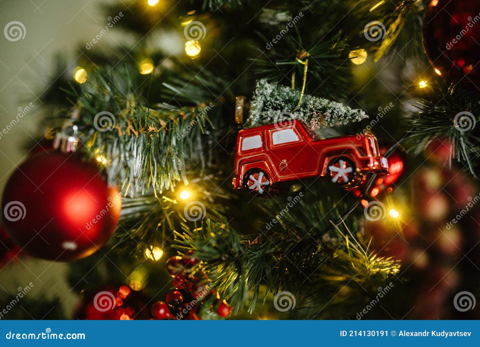 The Red Car on the Christmas Tree is Big Plan Stock Image - Image of ...