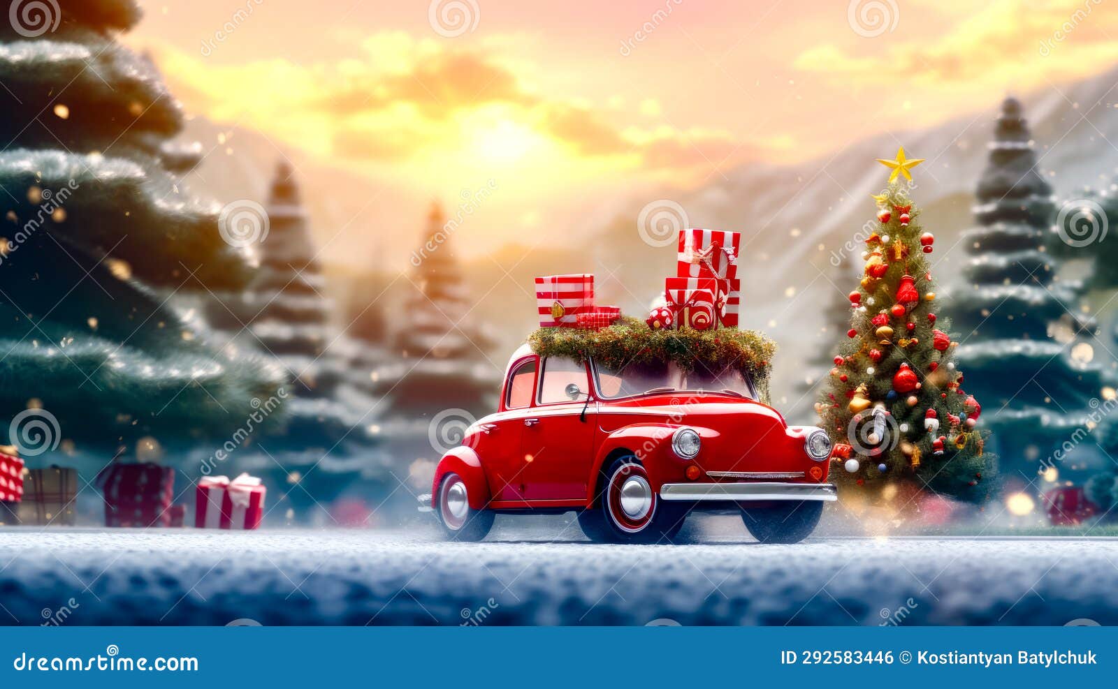 Red Car with Christmas Tree on Top of it in Front of Christmas Tree ...