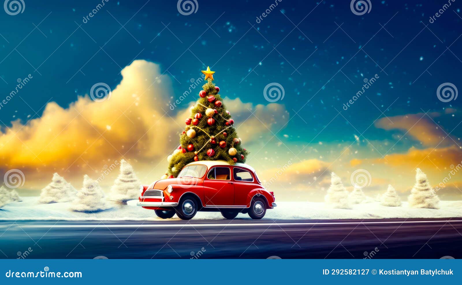 Red Car with Christmas Tree on Top of it in the Snow. Generative AI ...