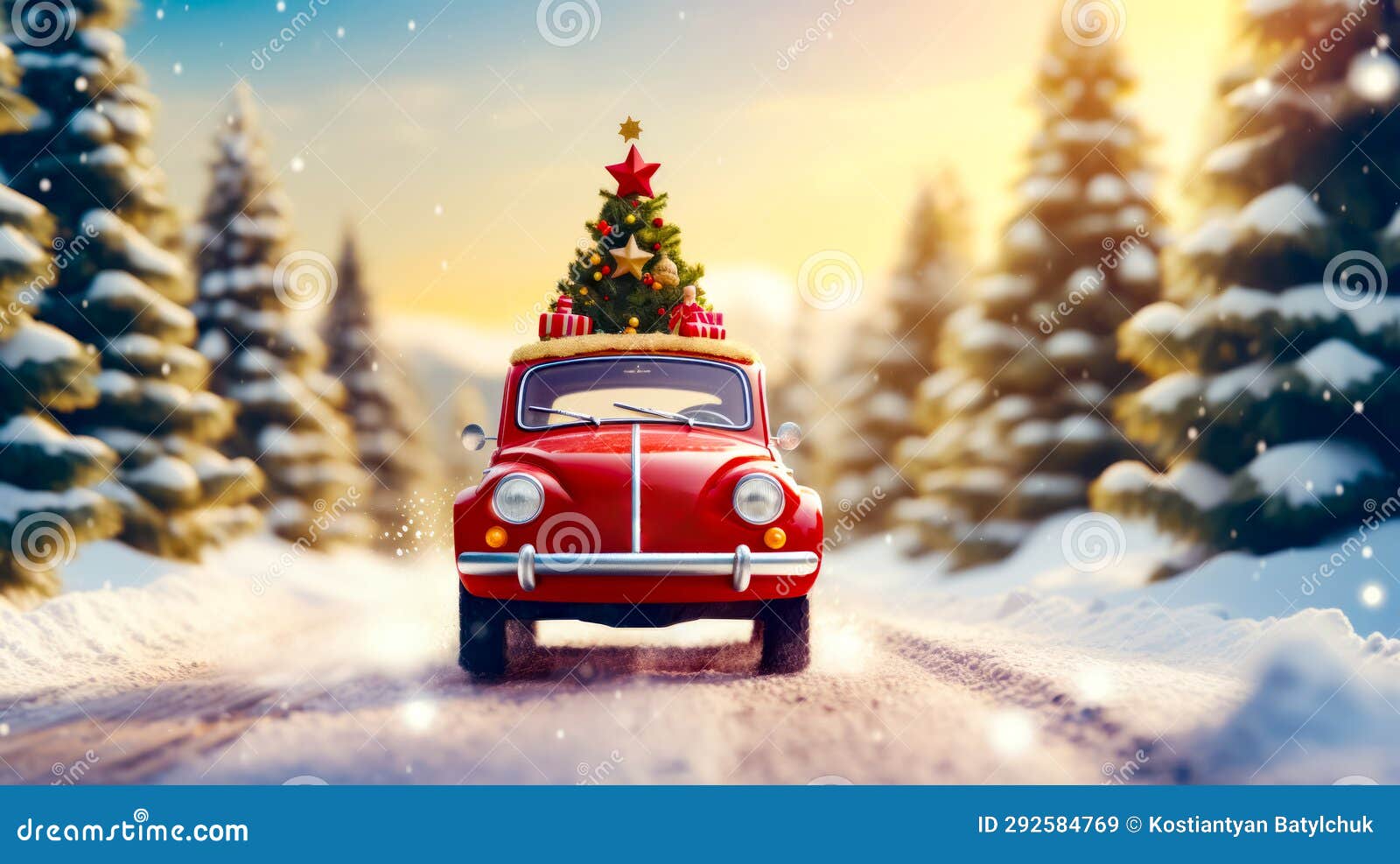 Red Car with Christmas Tree on Top of it in the Snow. Generative AI ...