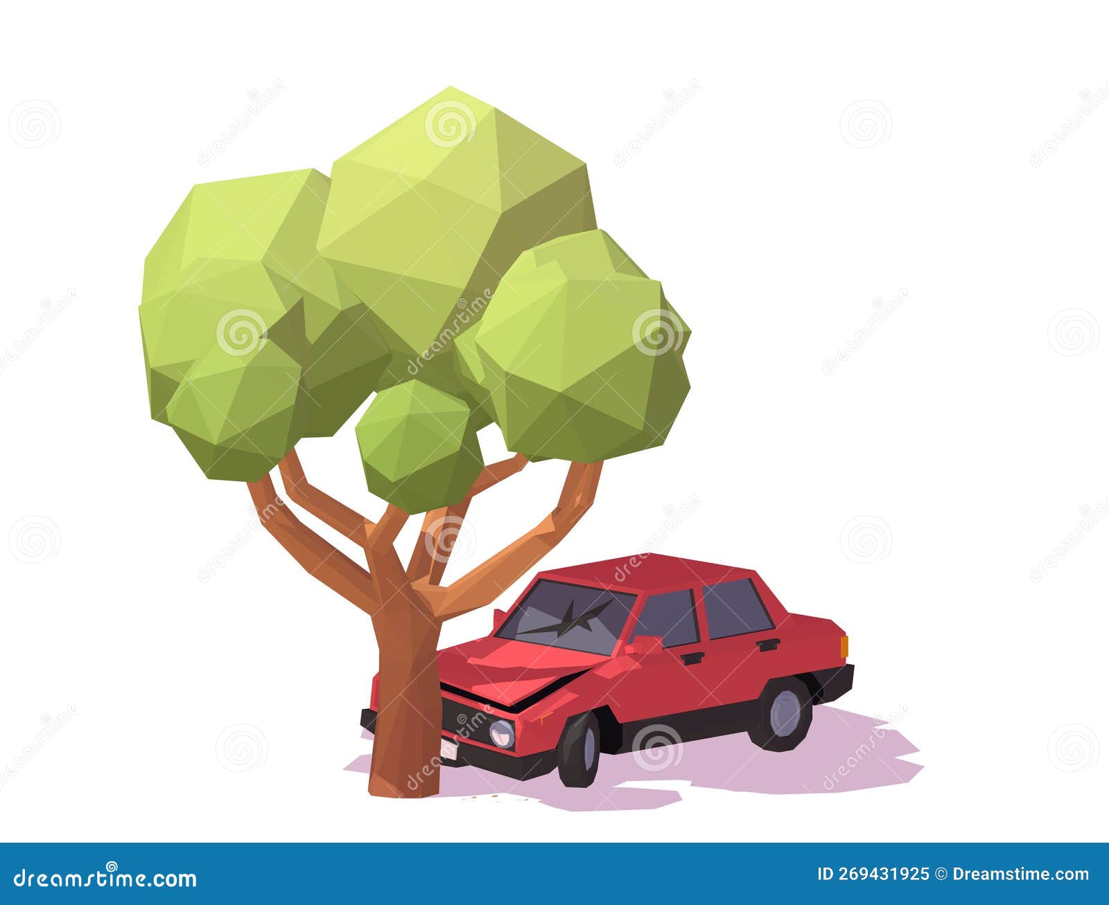 Red Car Crash with a Tree. Accident Concept. Low Poly Illustration ...