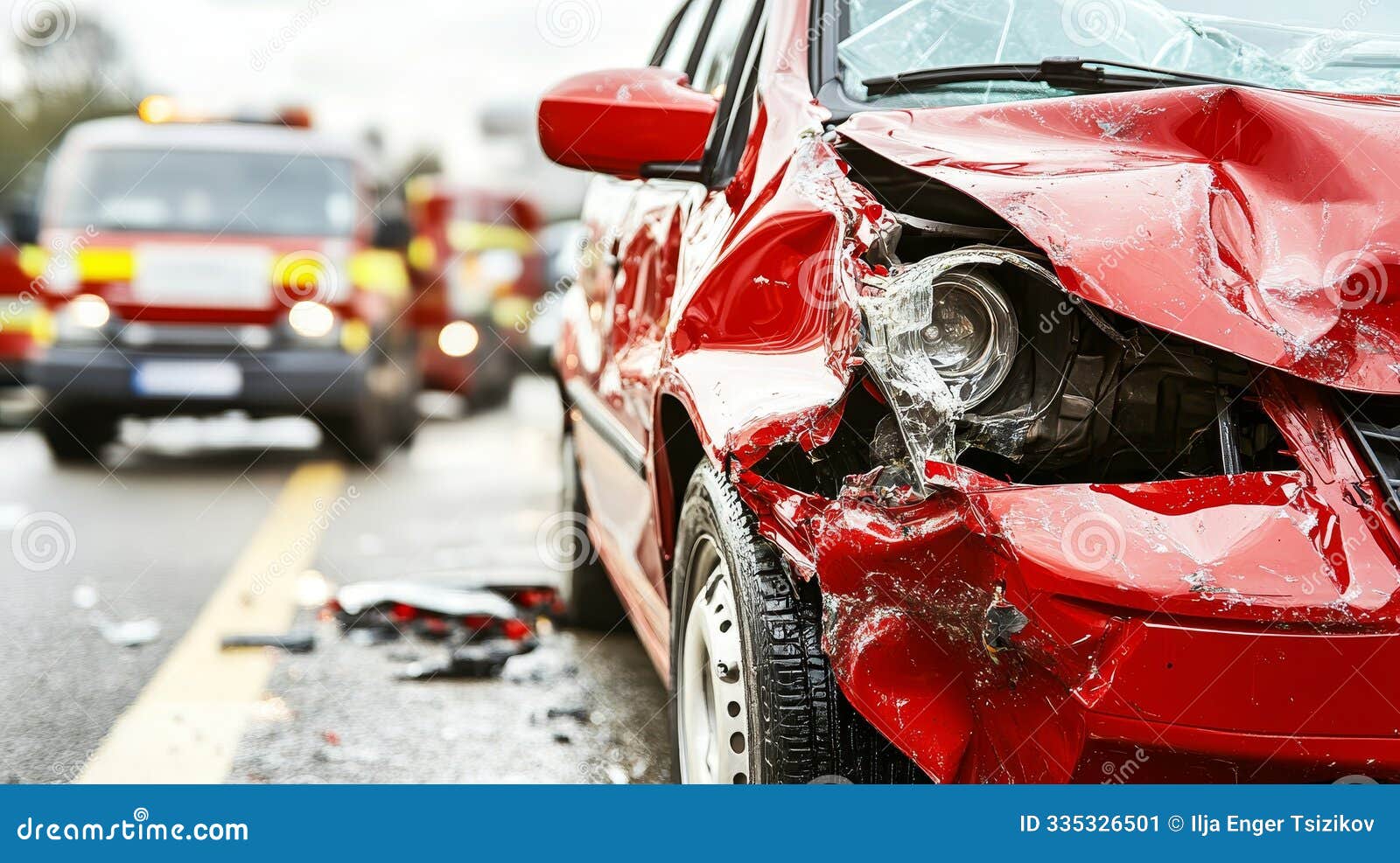 Red Car with Extensive Front End Damage after a Traffic Collision ...