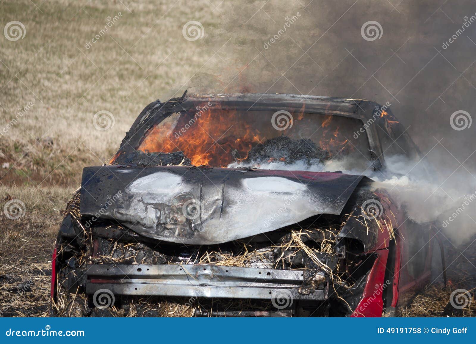 Red car on fire stock photo. Image of torched, smoke - 49191758