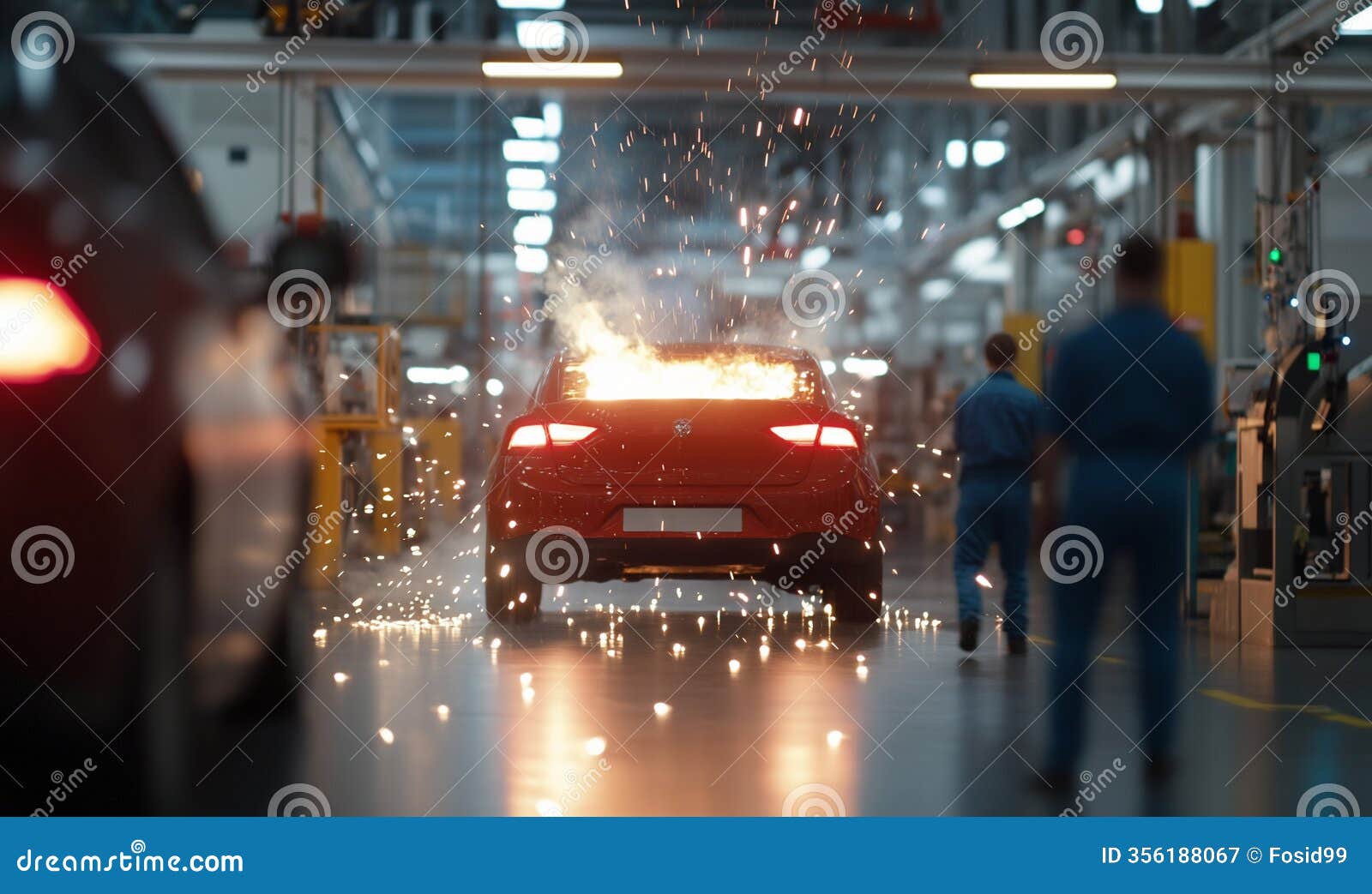 Red Car on Fire in Factory, Sparks Flying Stock Illustration ...