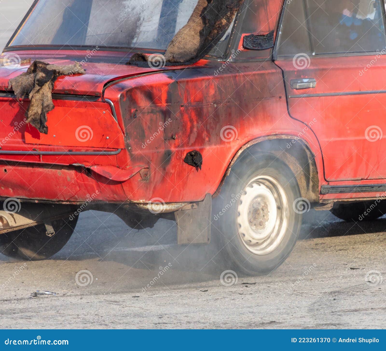 Red Car after the Fire. Burnt Metal Stock Photo - Image of fireman ...