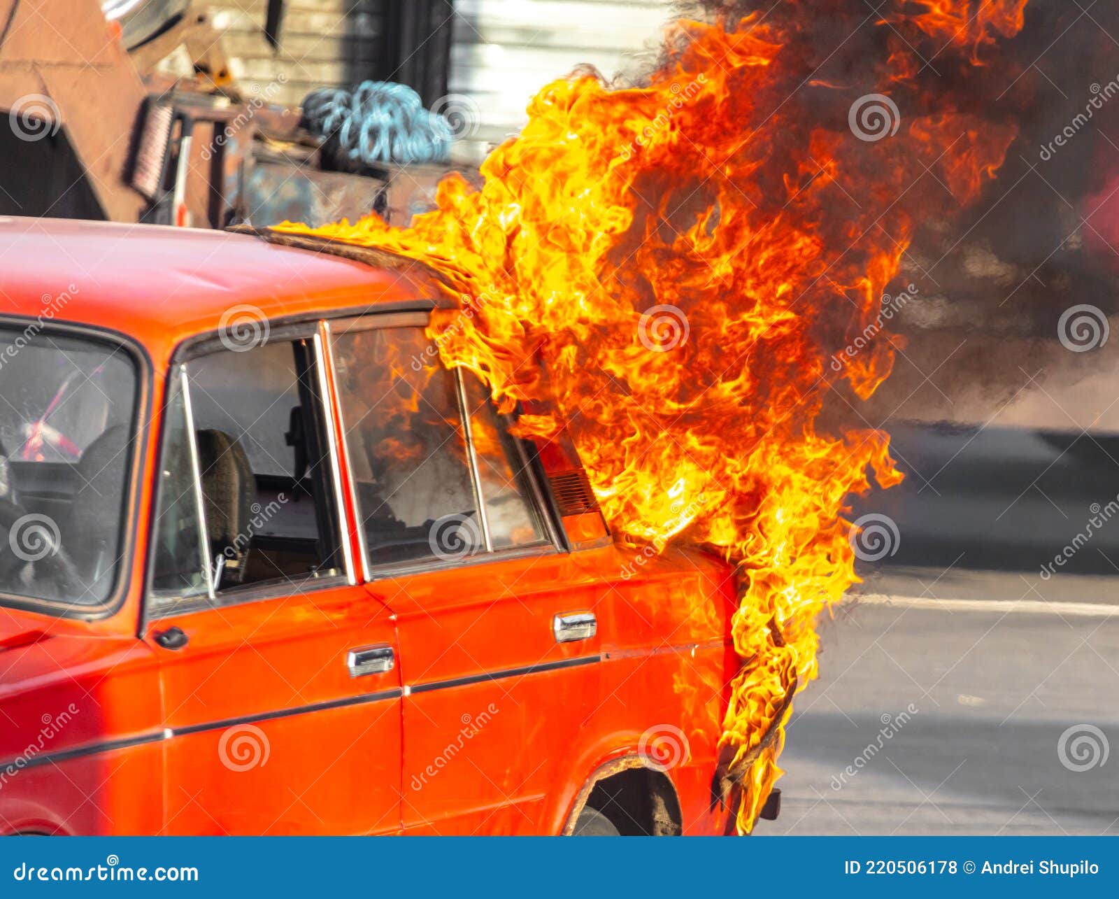Red Car in a Flame of Fire. Stock Photo - Image of heat, rescue: 220506178