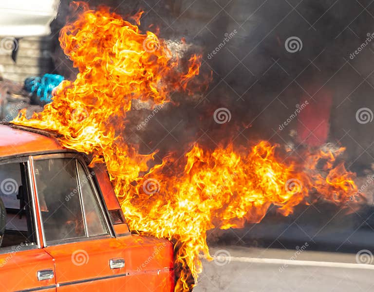 Red Car in a Flame of Fire. Stock Image - Image of explosion, emergency ...