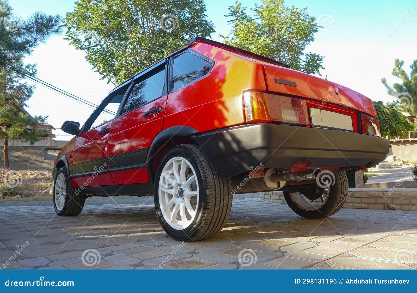 A Red Car in Front of the House Stock Photo - Image of machine ...