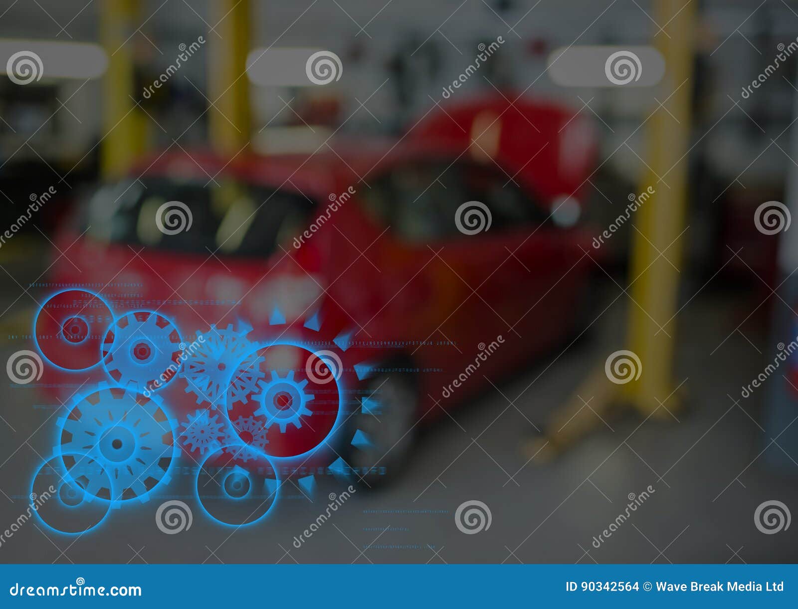 Red Car in Garage with Blue Gear Graphic Stock Photo - Image of digital ...