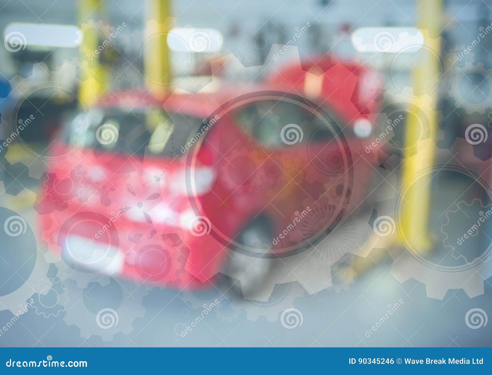 Red Car in Garage with Gear Graphic Overlay Stock Photo - Image of shop ...