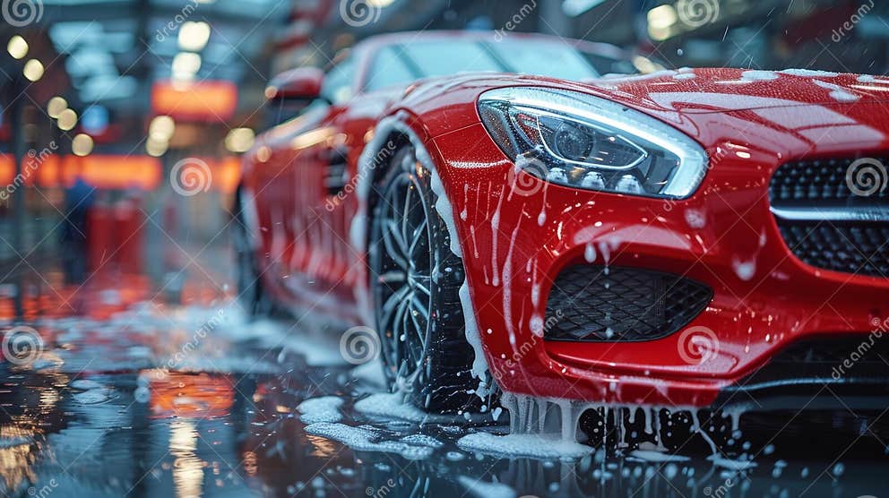 Red Car Getting Washed with Soap - Generative Ai Stock Illustration ...