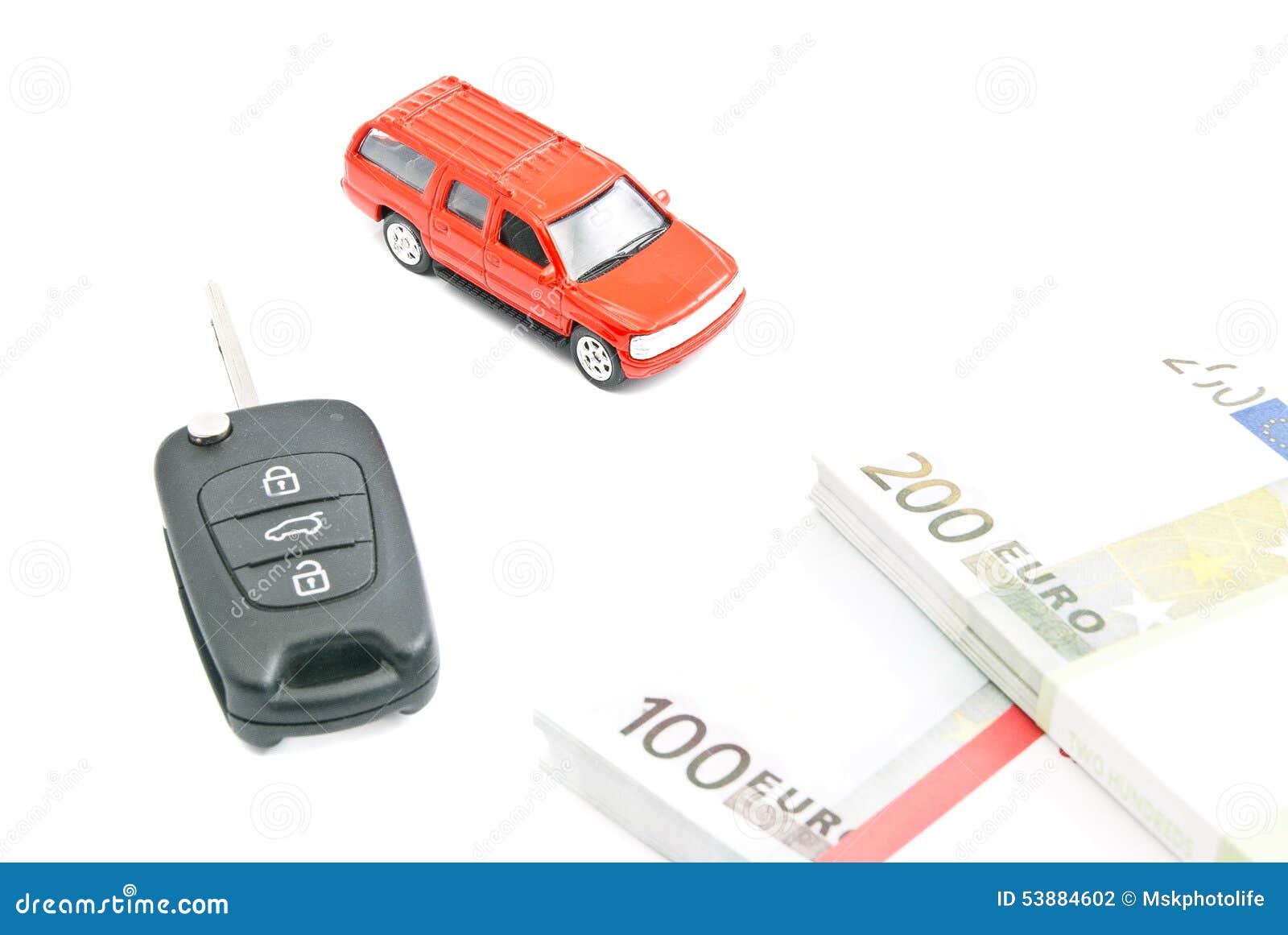 Red Car with Keys and Money on White Stock Photo - Image of buying ...